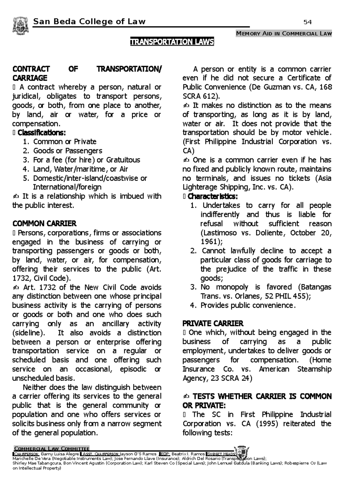 Transportation law reviewer San Beda - San Beda College of Law 54 ...