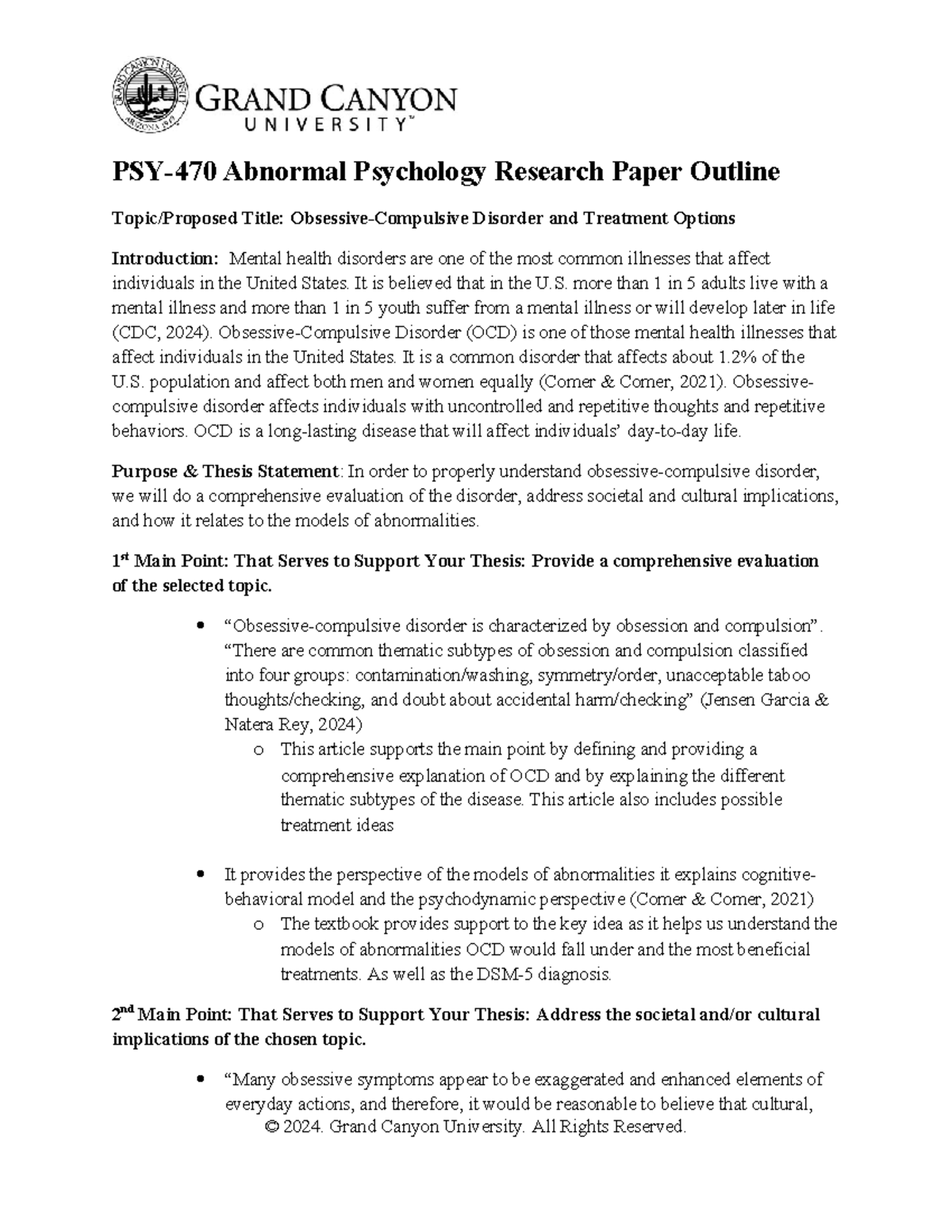 Abnormal Psychology Research Paper Outline - PSY-470 Abnormal ...