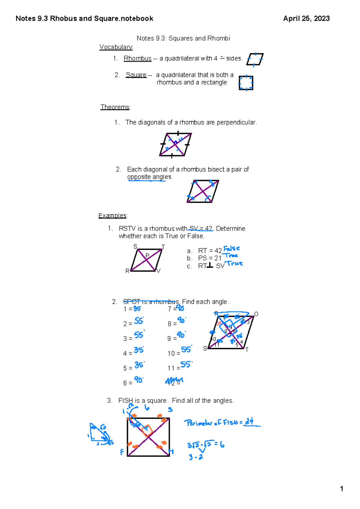 Notes 9.3 Rhombi and Squares Adv Geo Completed - Notes 9 Rhobus and ...