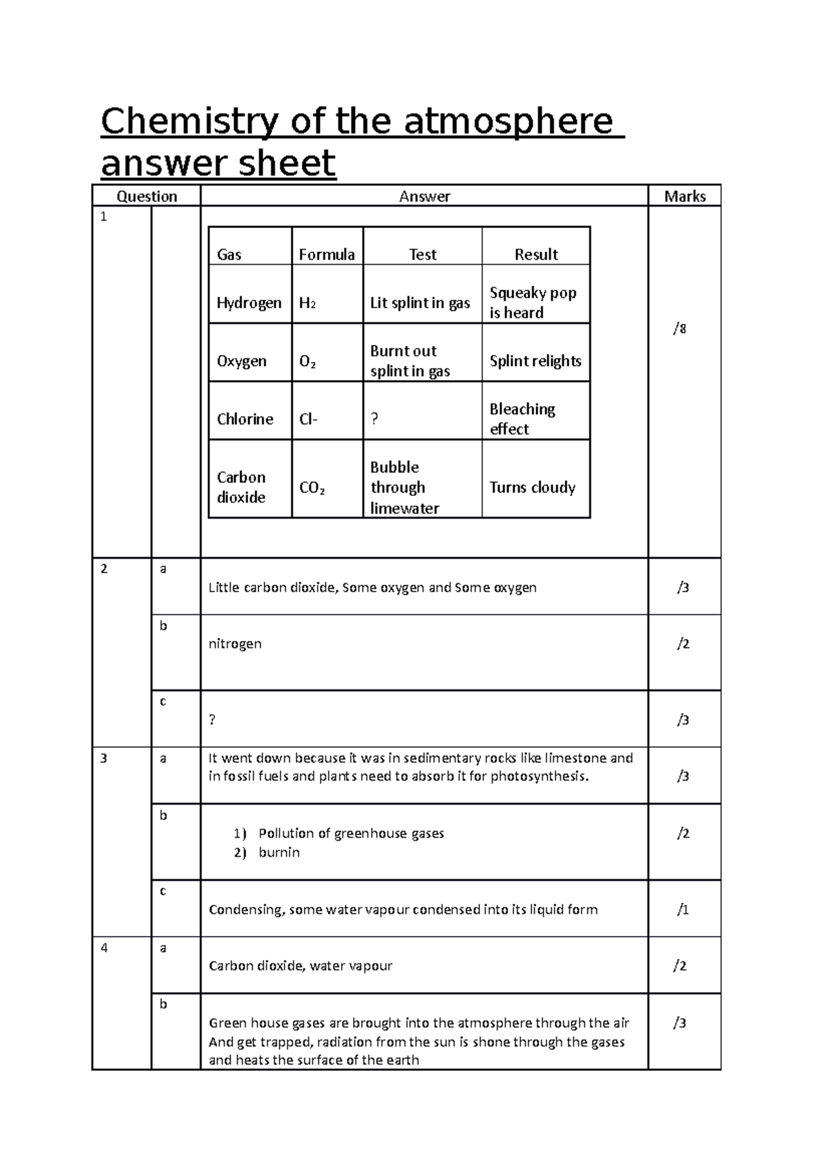 Chemistry atmosphere test - Chemistry of the atmosphere answer sheet ...