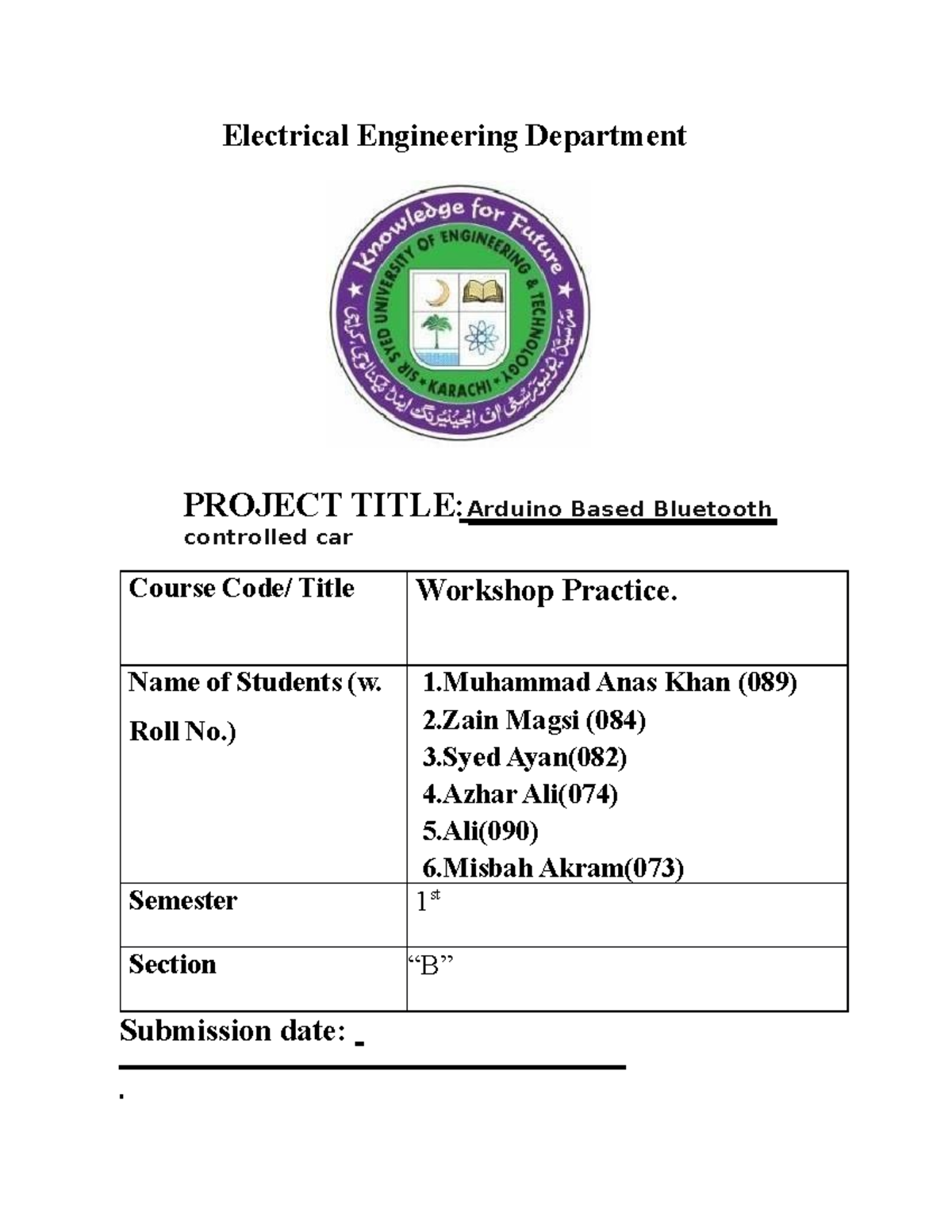 Work shop lab report - Lecture notes 1213 - Electrical Engineering ...