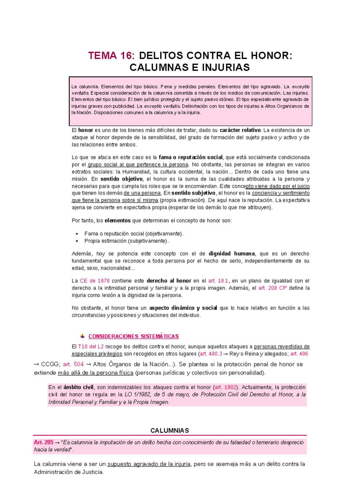 TEMA 16 Delitos Contra EL Honor - TEMA 16: DELITOS CONTRA EL HONOR: CALUMNAS E INJURIAS El honor ...