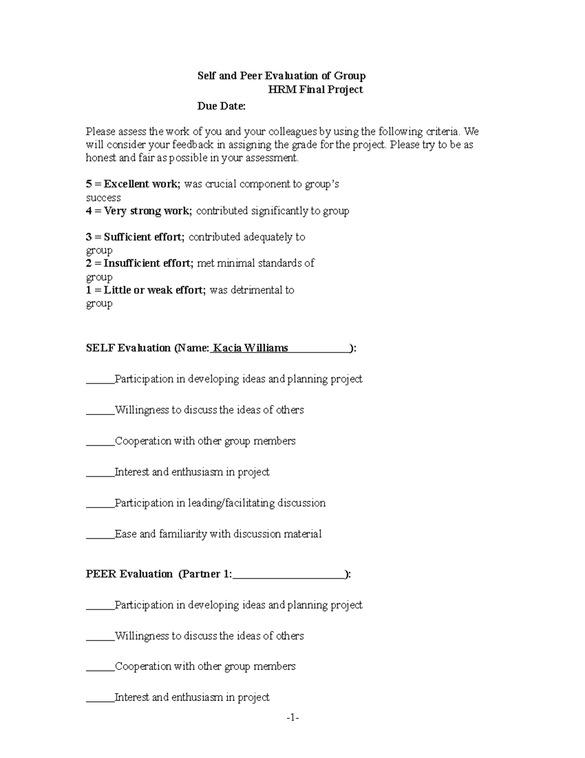 Group Project Self and Peer Evaluation - Self and Peer Evaluation of ...