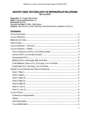 SOC PSY 2C03 Spring 2022 Course Outline - SOCIAL PSYCHOLOGY OF POPULAR CULTURE Spring Term 2022 ...