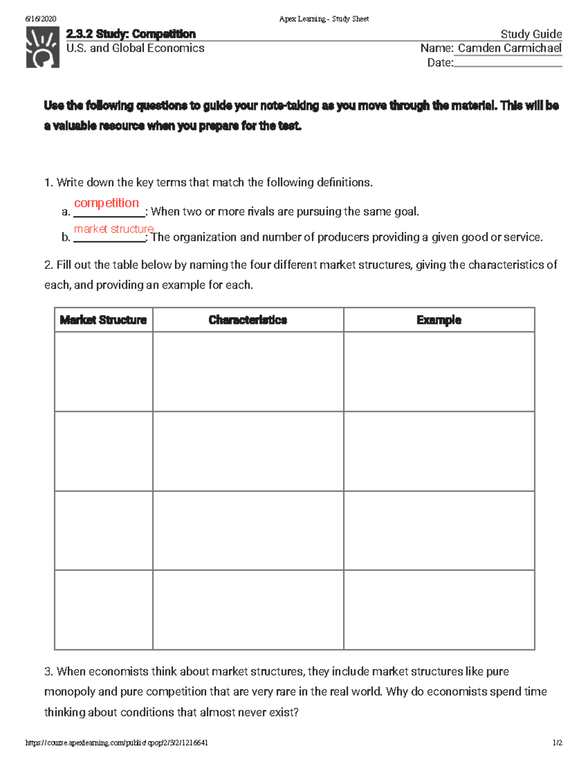 Econ 2 Econ Assignment 2 3 6 16 2020 Apex Learning Study Sheet