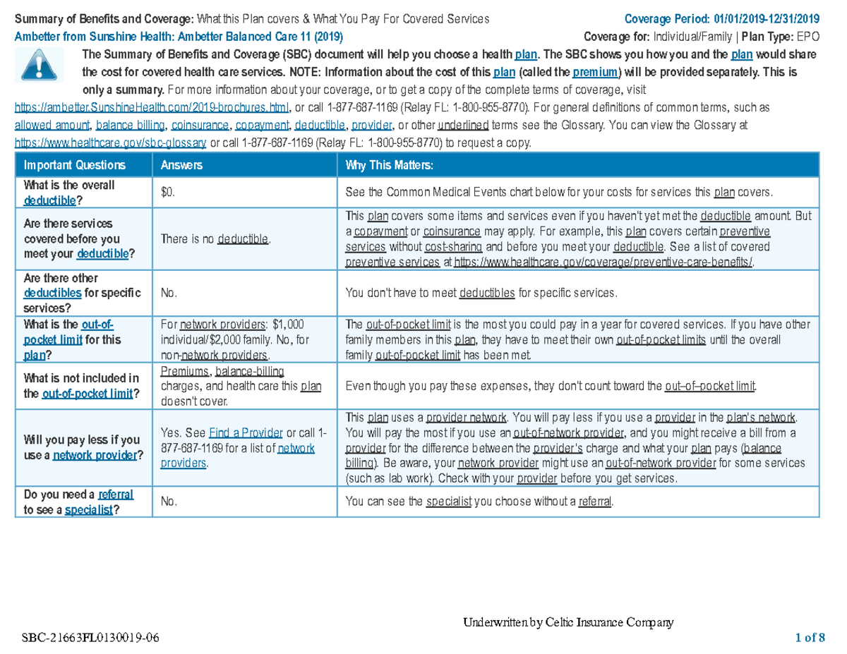 Summary Benefits - Best insurance - SBC-21663FL0130019- Underwritten by ...