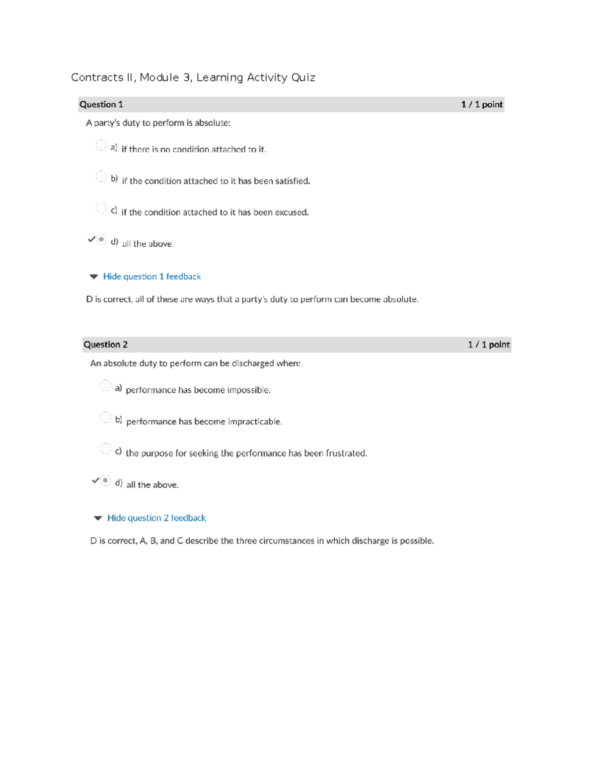 Contracts Ii Module 3 Learning Activity Quiz B If The Condition Attached To It Has Been