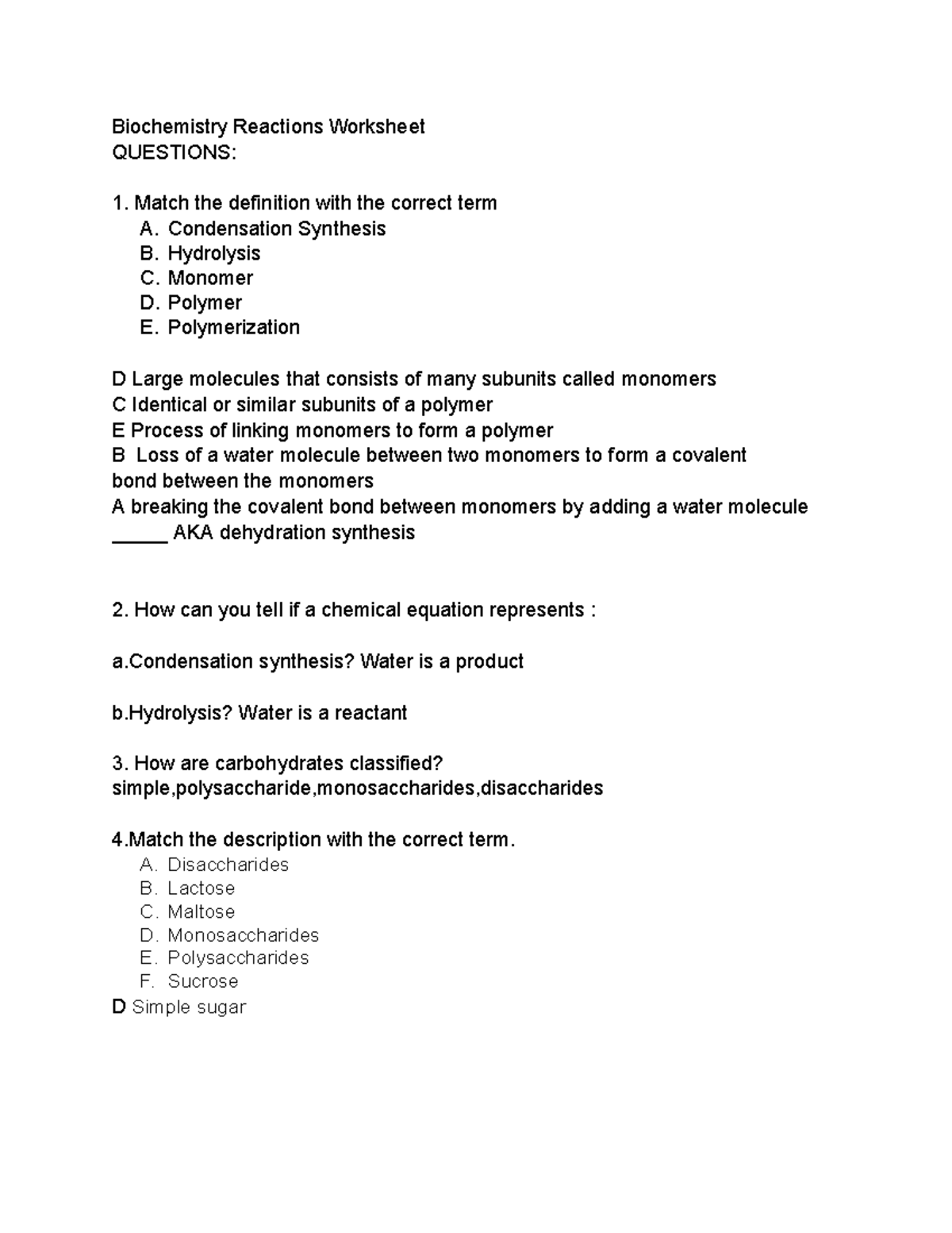 Copy of Biochemistry Reactions Worksheet - Google Docs - Biochemistry ...