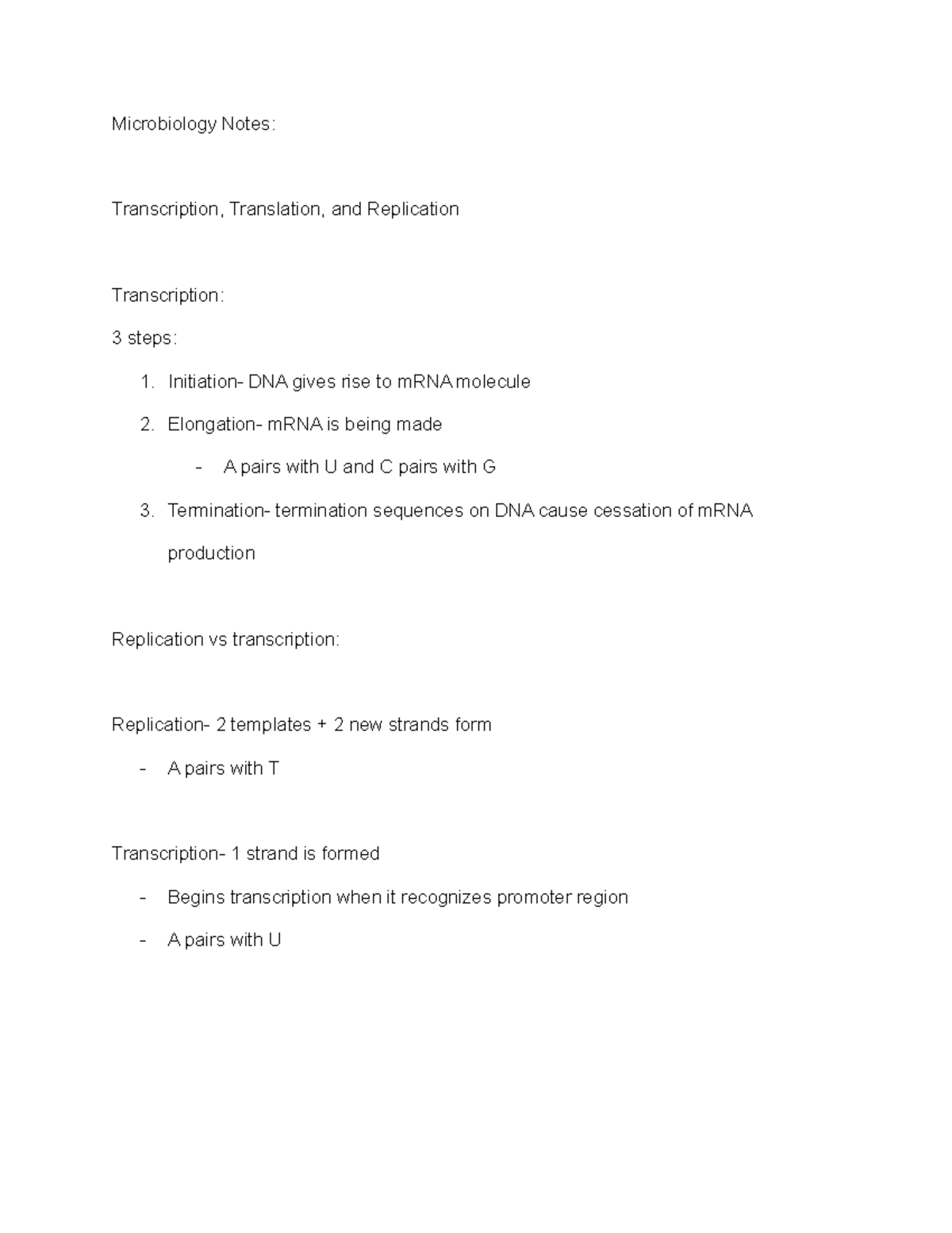 Microbiology Notes transcription, translation, and replication ...