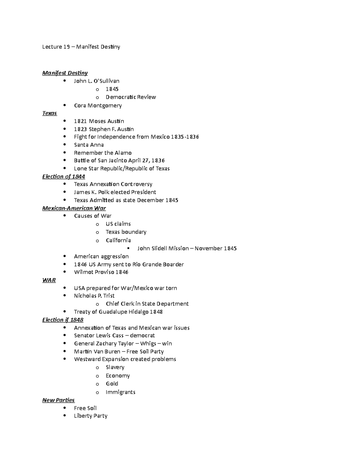 Lecture 19 Notes - HIST 2300 - Lecture 19 – Manifest Destiny Manifest ...