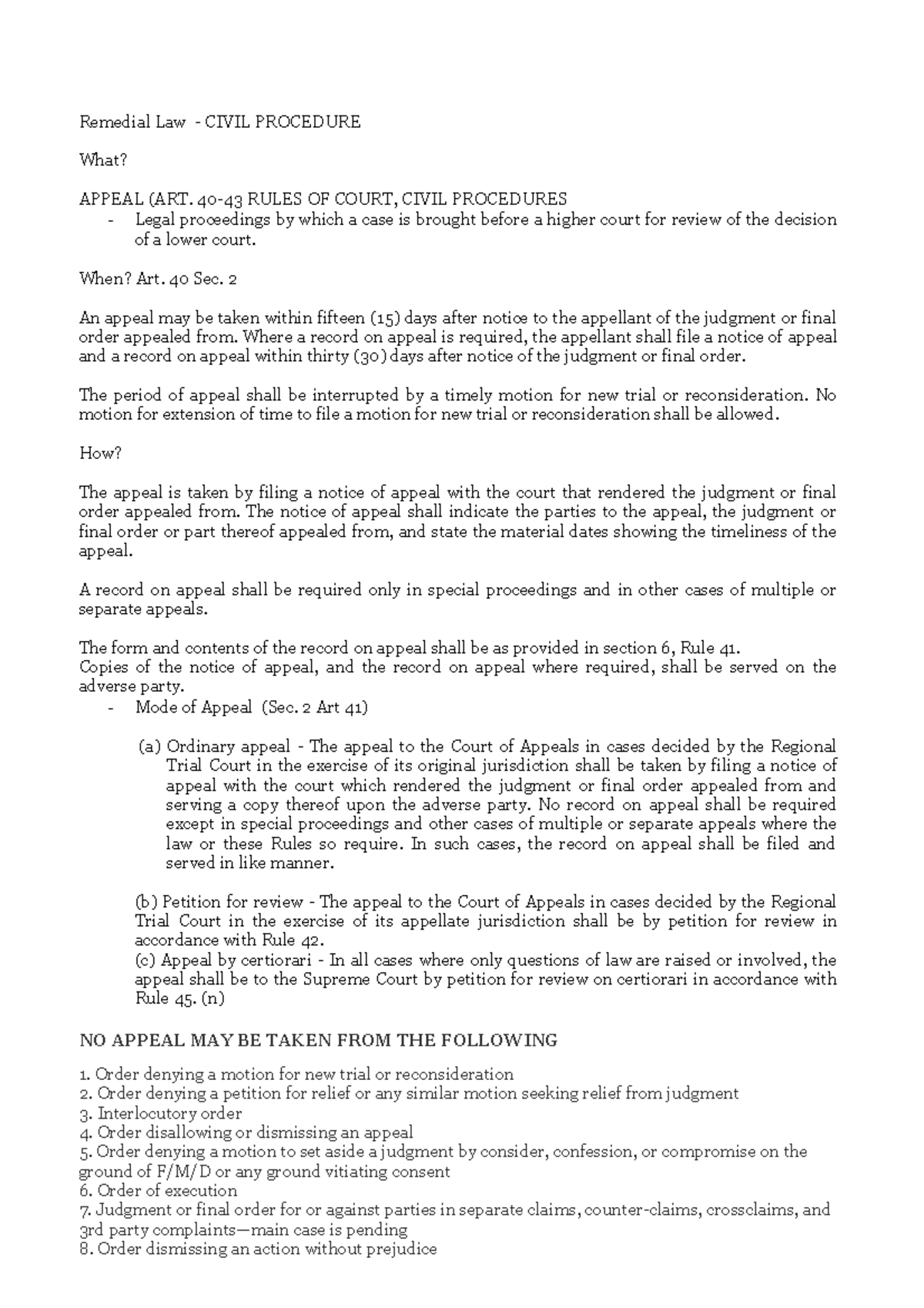 Remedial Law report - Remedial Law - CIVIL PROCEDURE What? APPEAL (ART ...