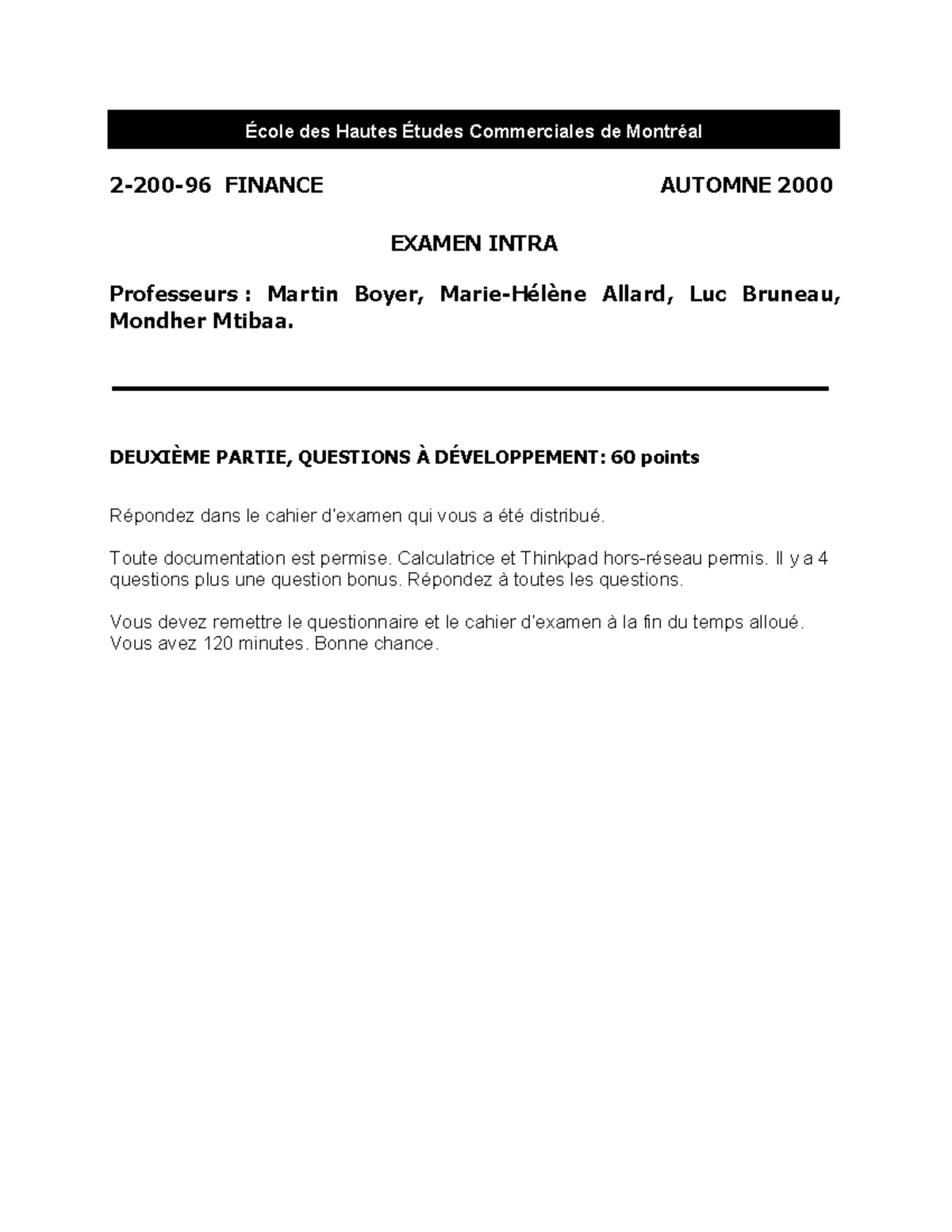 Examen avec solutions, automne 2000 - 220096 - HEC - Studocu