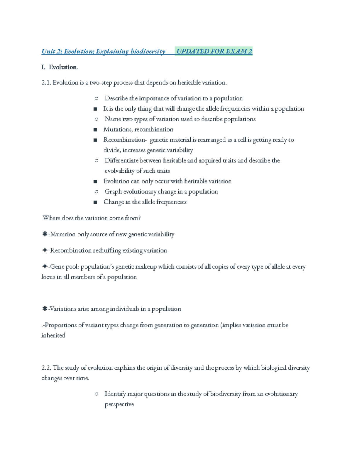 Test 2 Study Guide - Unit 2: Evolution: Explaining biodiversity UPDATED ...