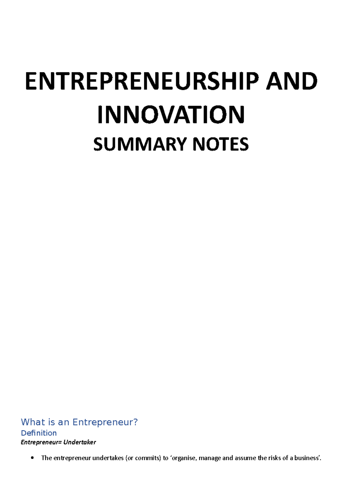 Entrepreneurship and Innovation Summary Notes - ENTREPRENEURSHIP AND ...