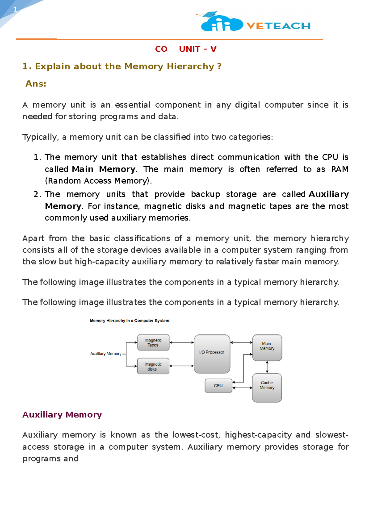K R 16 UNIT-V ( Srinadh) - NOTES on COA - CO UNIT – V 1. Explain about ...