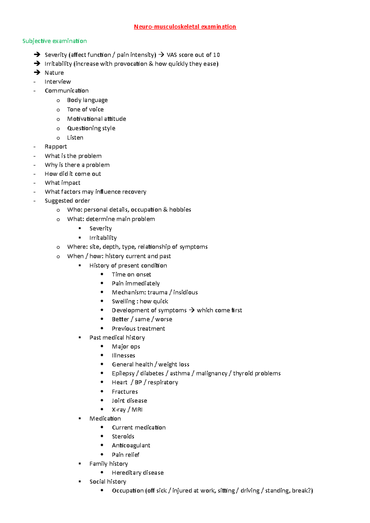 MSK lower limb notes - examination Subjective examination Severity ...