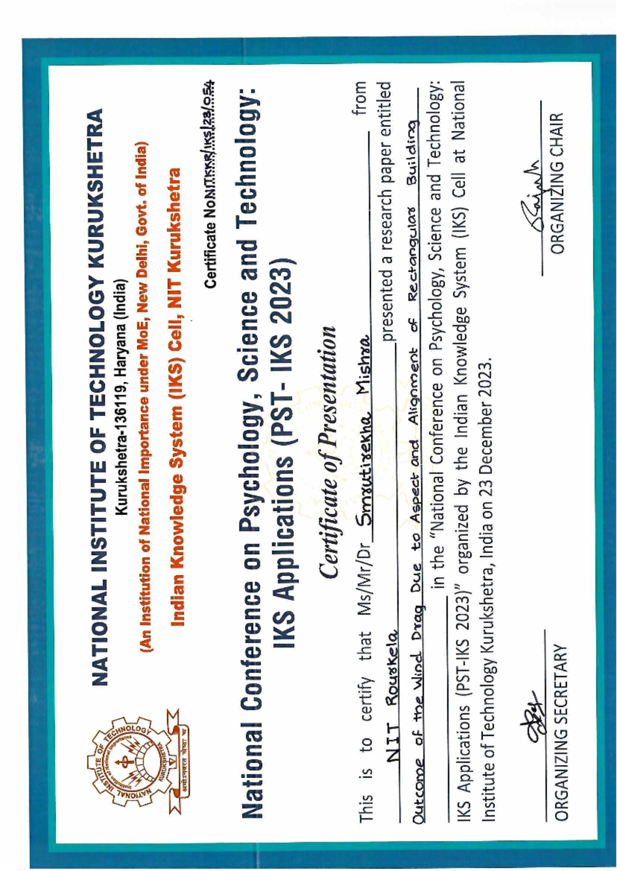 Paper Presentation Certificate - STITUTE OF NATIONAL INSTITUTE OF ...