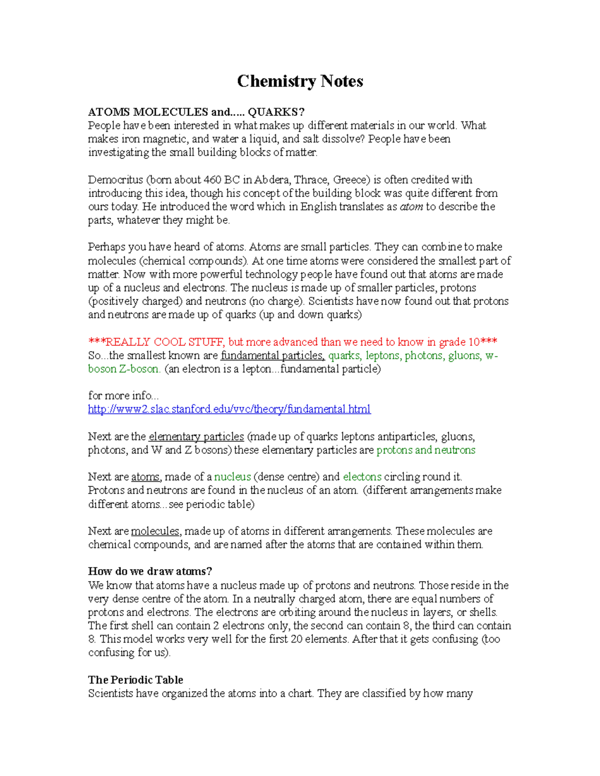 Chemistry Notes - Chemistry Notes ATOMS MOLECULES and..... QUARKS ...