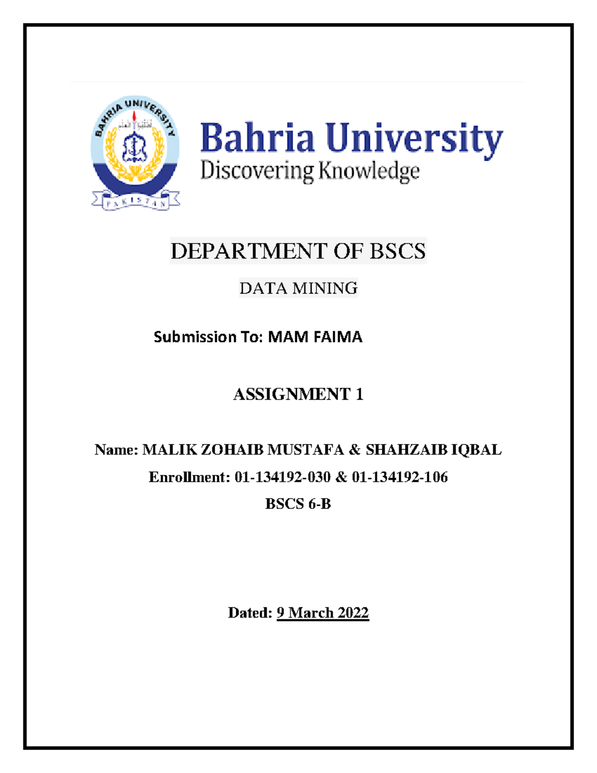DM A1 - This is the DATA MINING ASSIGNMENT For the year 2022. - DEPARTMENT OF BSCS DATA MINING ...
