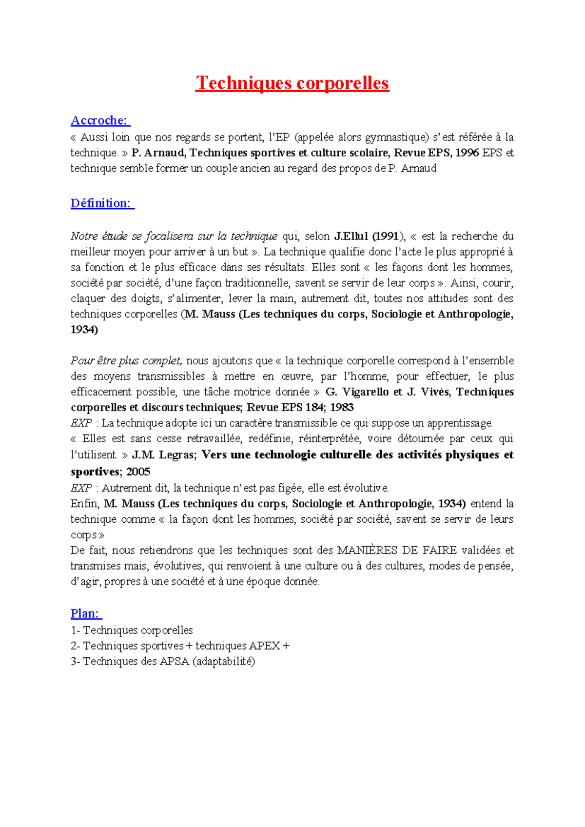 Ecrit 1 - Techniques corporelles - Techniques corporelles Accroche ...