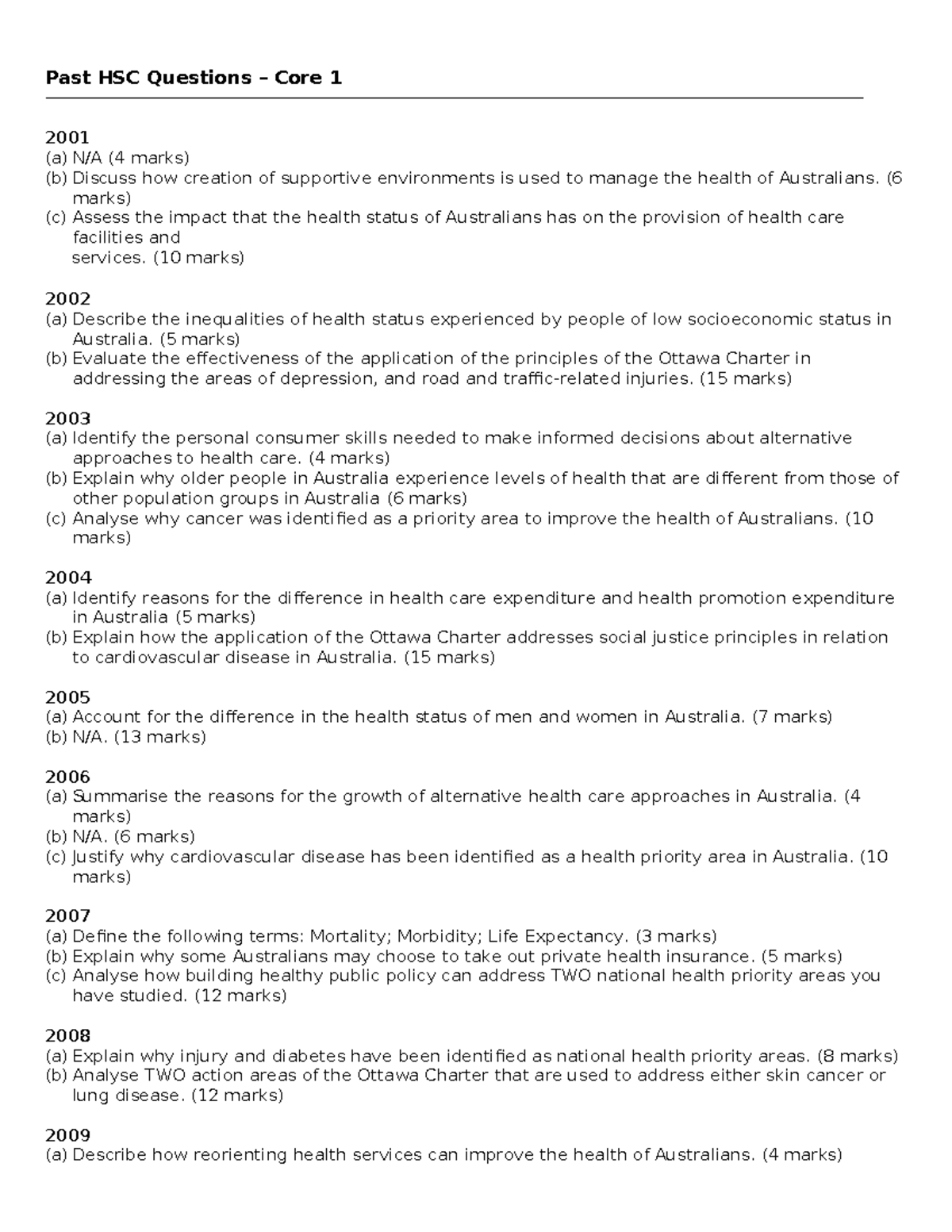 Past HSC Questions - Core 1 - Past HSC Questions – Core 1 2001 (a) N/A ...