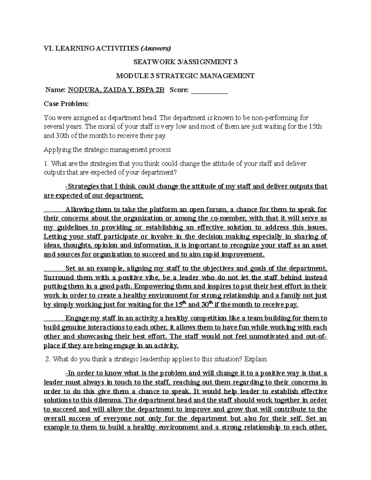 Good Governance - VI. LEARNING ACTIVITIES (Answers) SEATWORK 3 MODULE 3 STRATEGIC MANAGEMENT ...