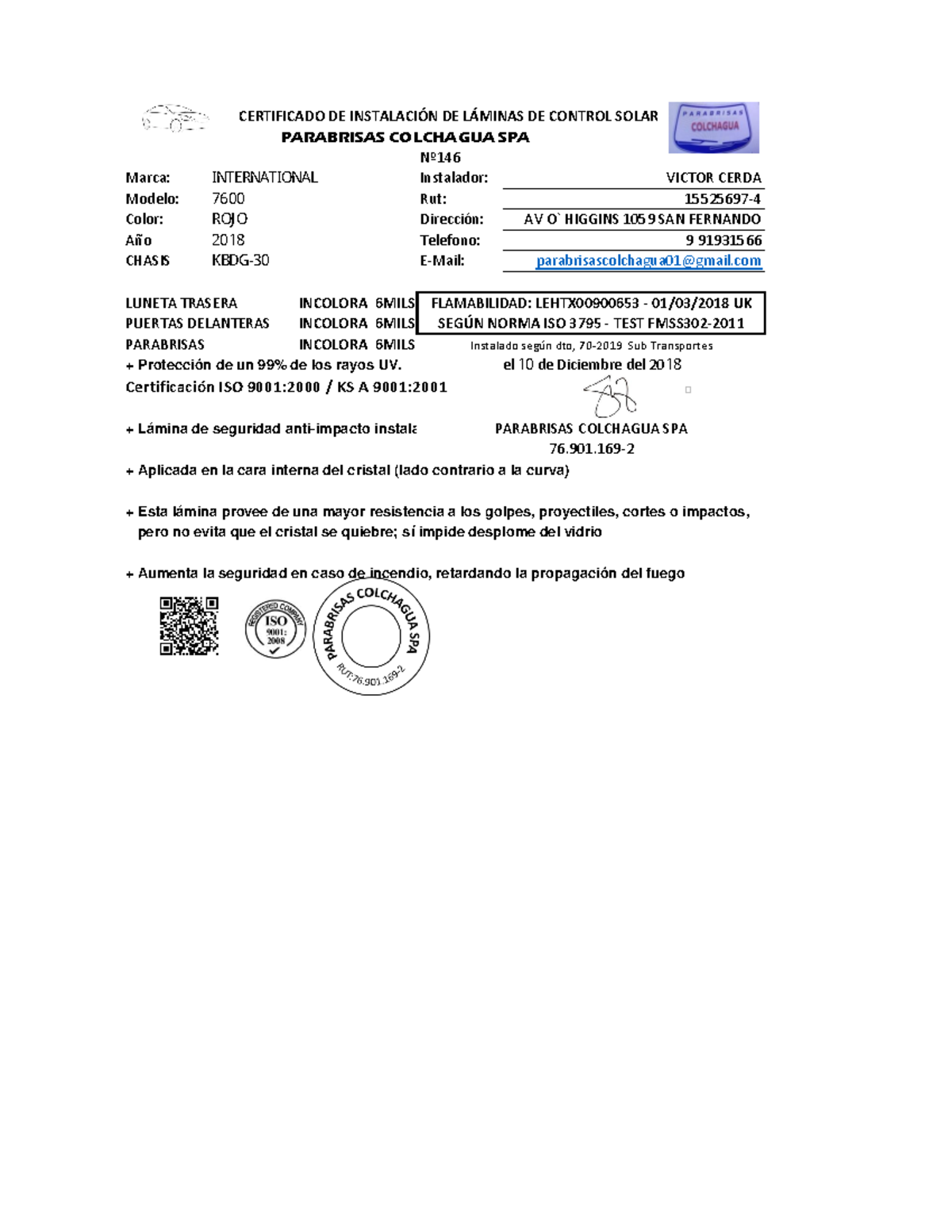 Certificado Parabrisas Luneta Trasera Incolora 6mils Puertas