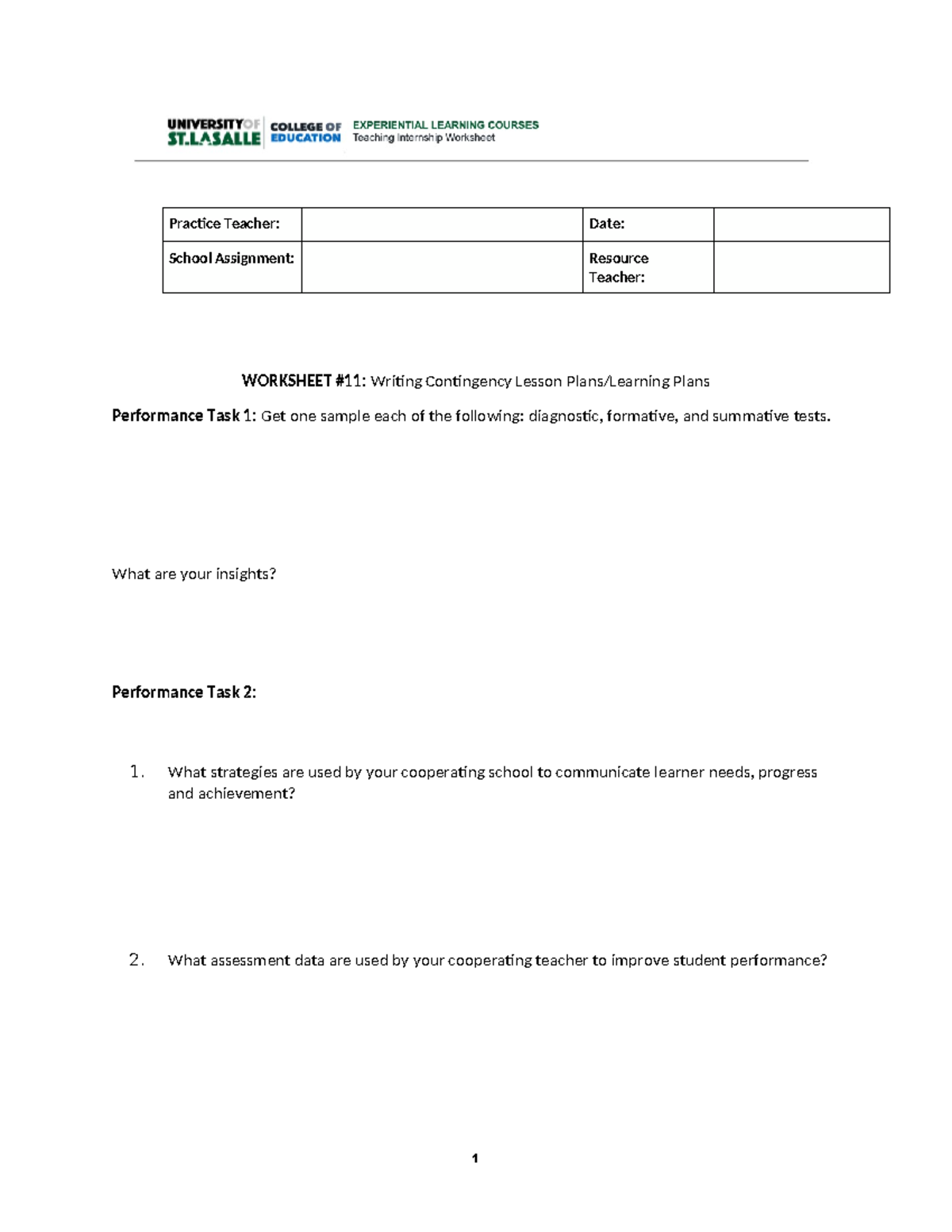 Teaching Internship Worksheet 12 - Practice Teacher: Date: School ...
