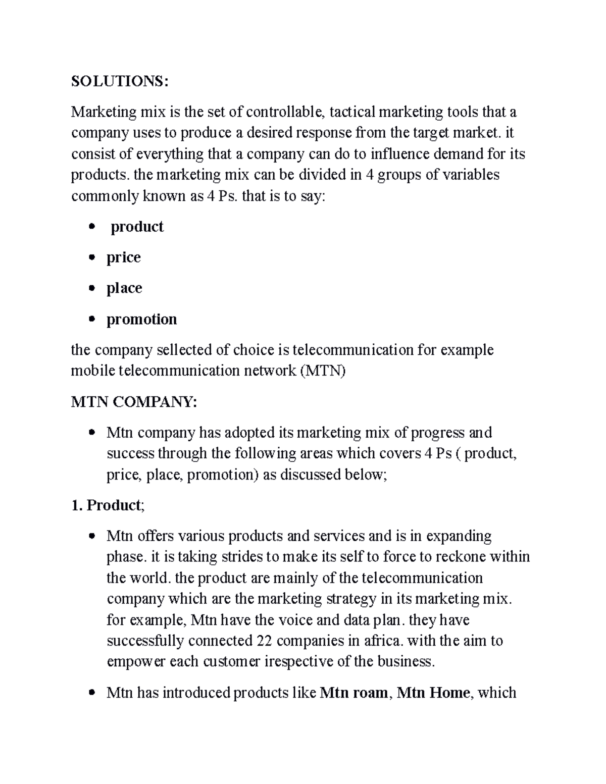 Marketing Mix of MTN - Notes - SOLUTIONS: Marketing mix is the set of ...