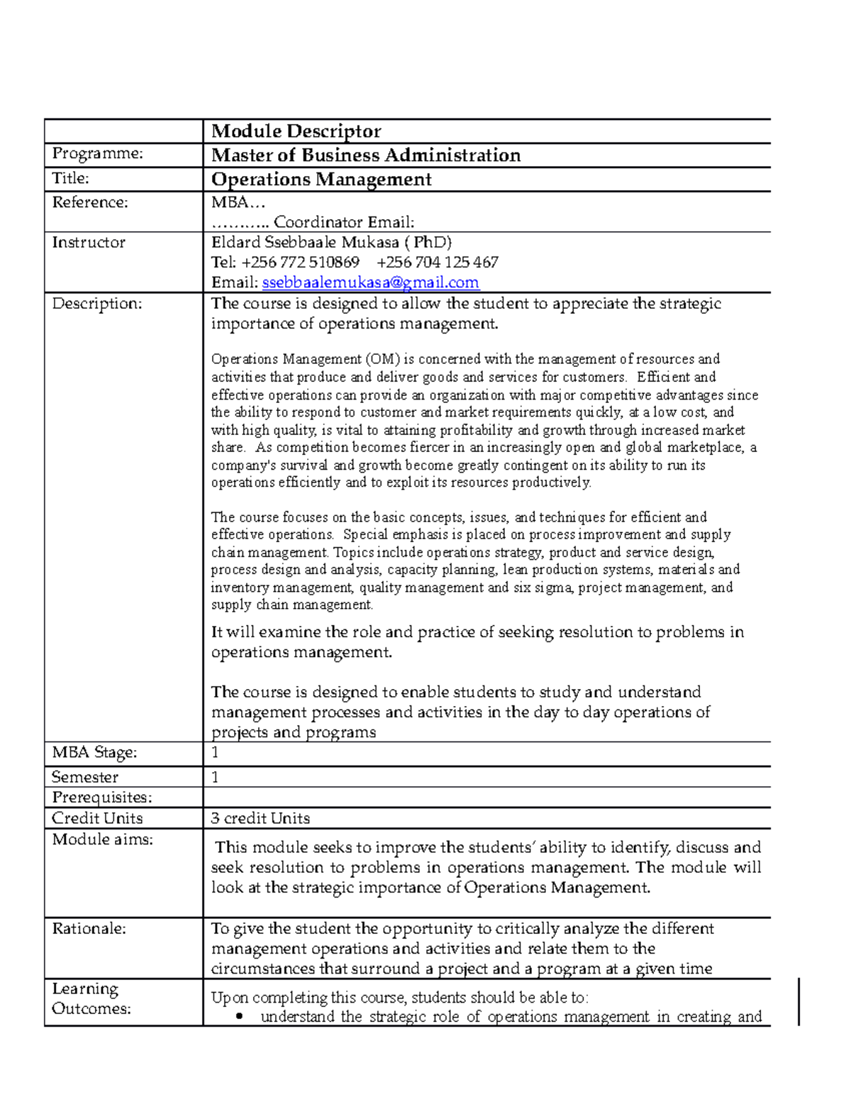 IUEA Operations Management Descriptor Revised - Module Descriptor ...