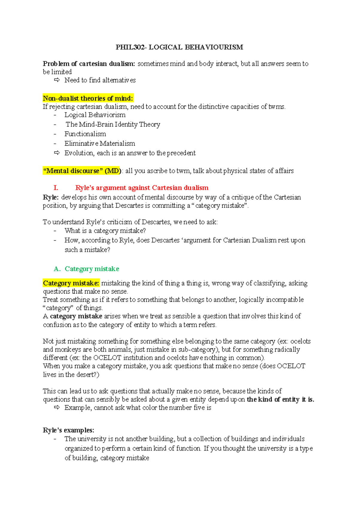 PHIL306- Logical Behaviourism - PHIL302- LOGICAL BEHAVIOURISM Problem ...