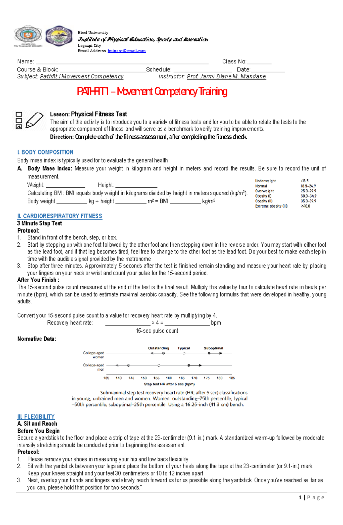Physical Fitness TEST Protocol - Bicol University Institute of Physical ...