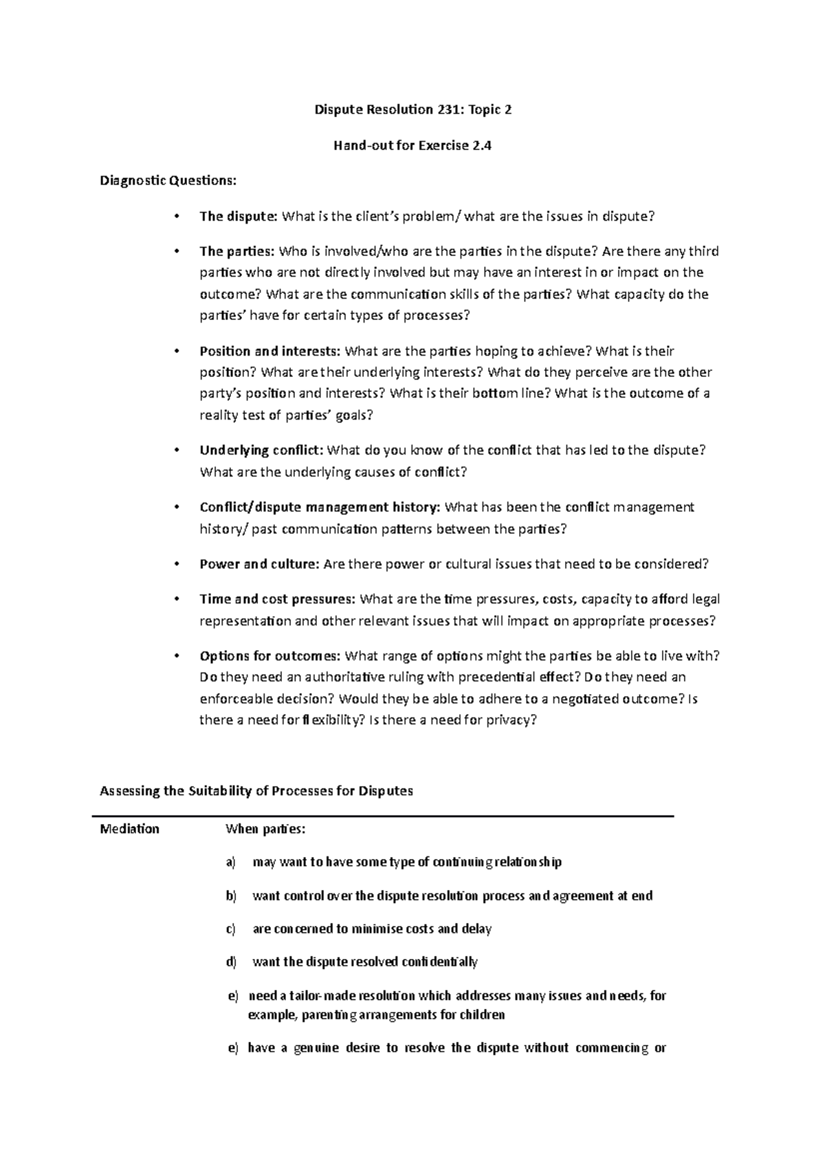How to Diagnose a Dispute - Dispute Resolution 231: Topic 2 Hand-out ...