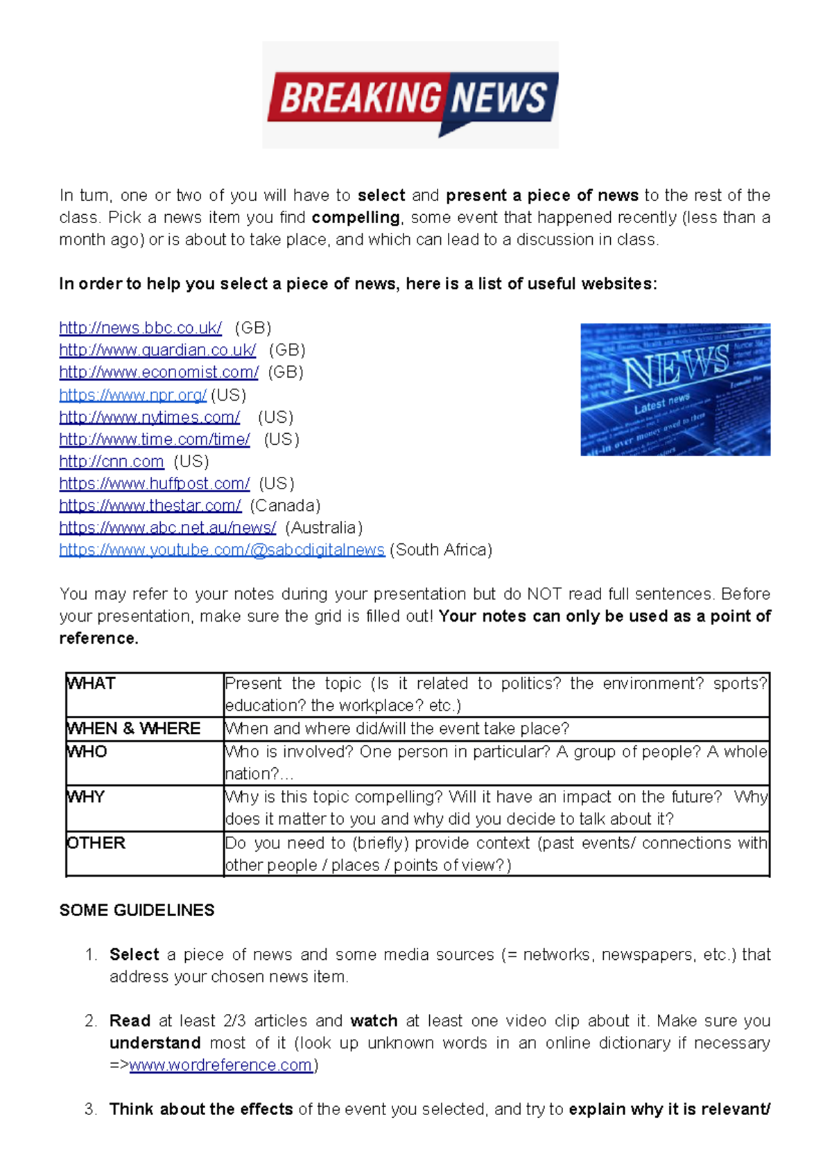 Beaking NEWS Guidelines 2024 1° - In turn, one or two of you will have ...