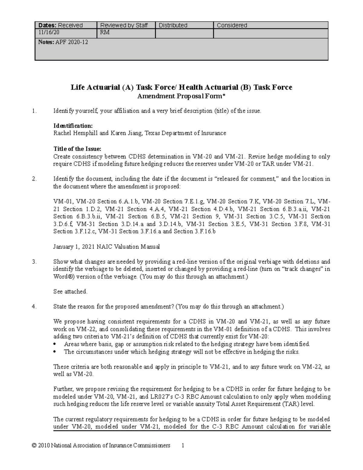 APF 2020-12 on CDHS 202002 04 - 11/16/20 RM Notes: APF 2020- Life ...