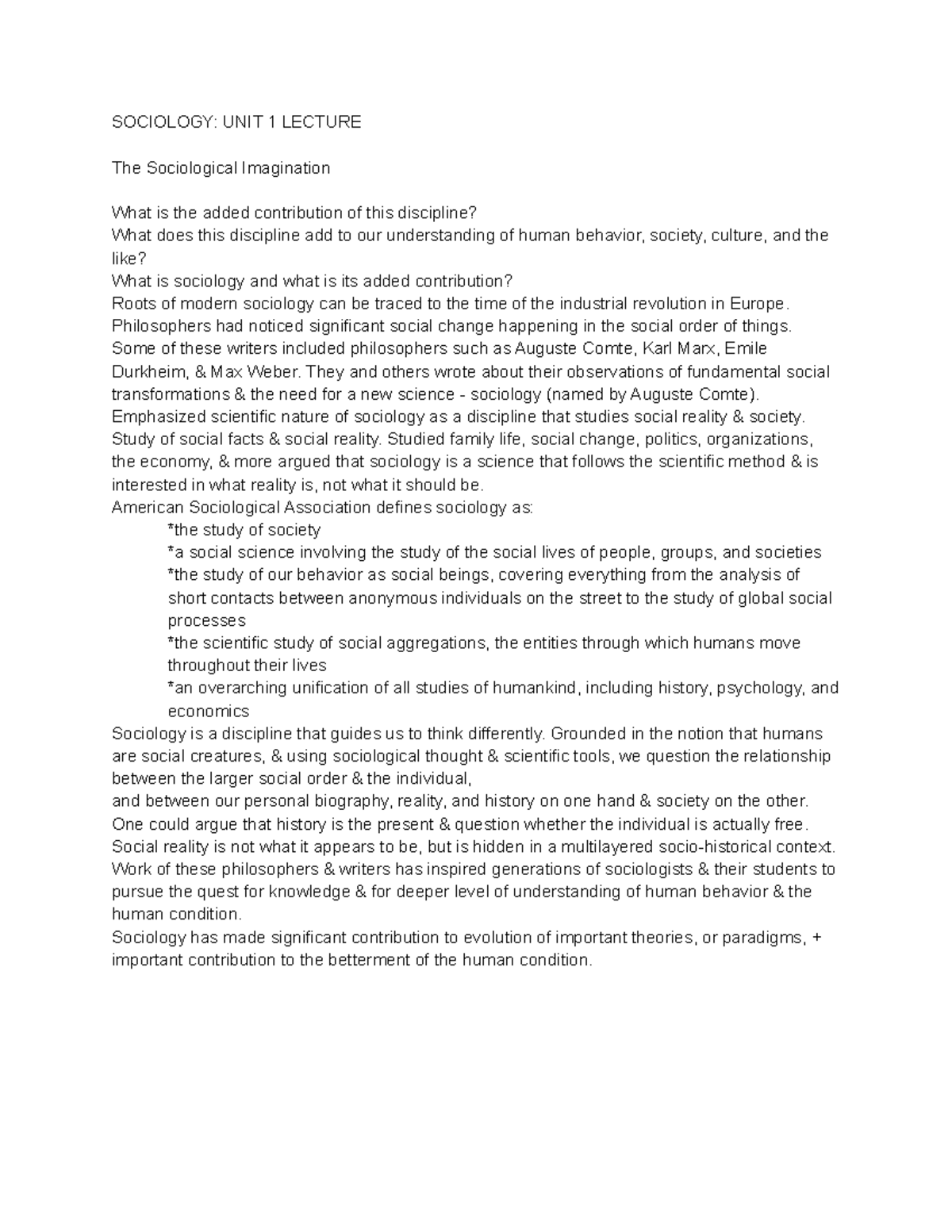 Sociology Unit 1 Lecture - SOCIOLOGY: UNIT 1 LECTURE The Sociological ...