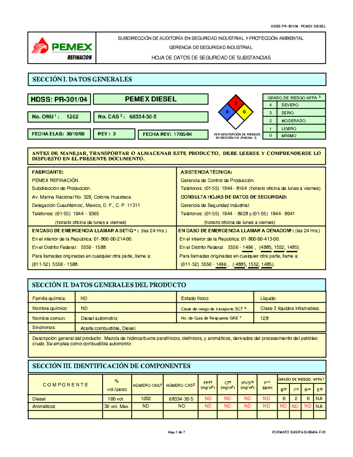 Pemex Diesel Hoja de Seguridad PR-301-04 - SUBDIRECCIÓN DE AUDITORÍA EN ...