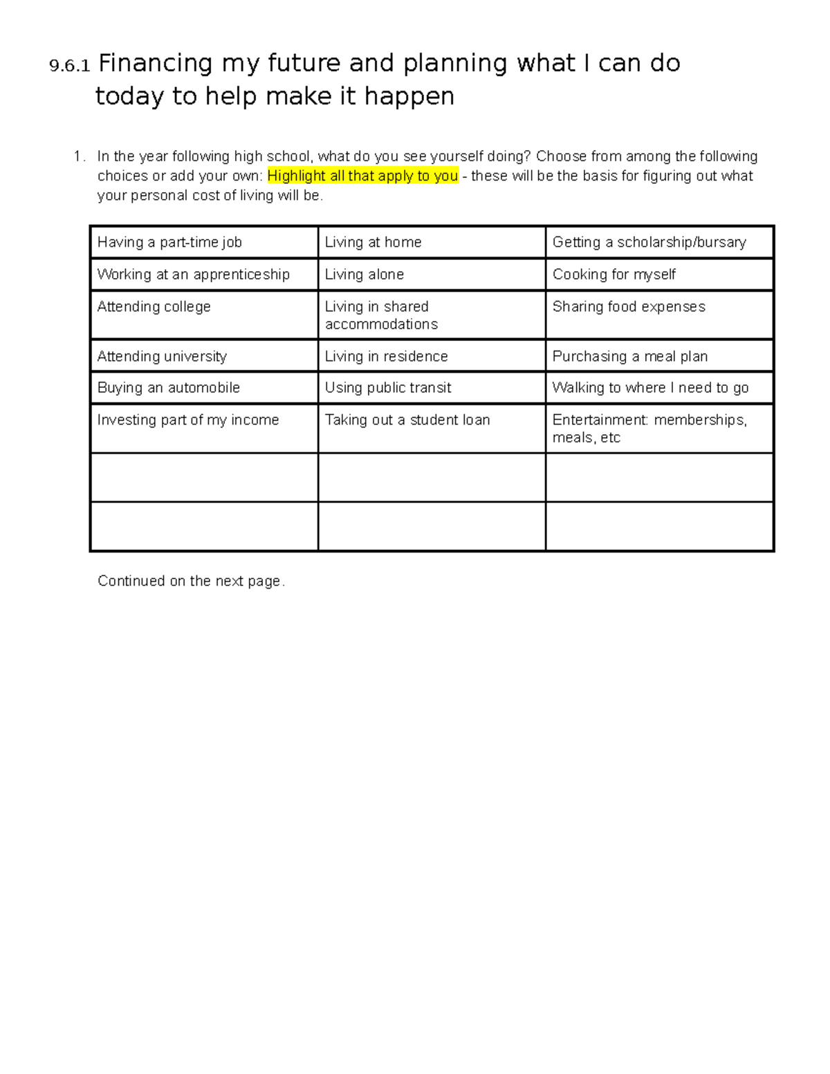 Financing my Future - Worksheet - 9.6 Financing my future and planning ...