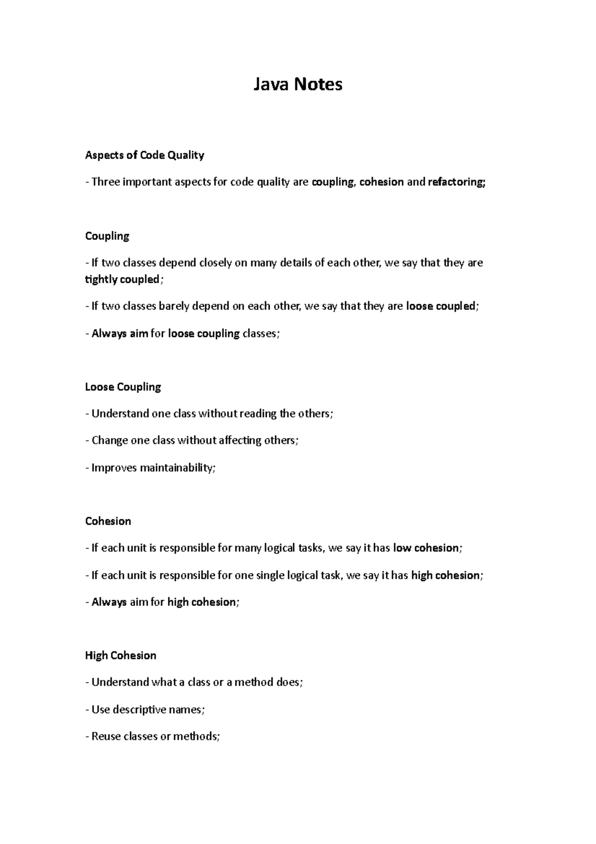 Java Notes - Java Notes Aspects of Code Quality Three important aspects ...