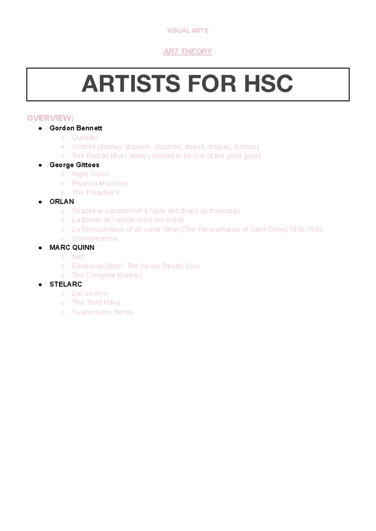 Visual Arts HSC Notes - VISUAL ARTS ART THEORY ARTISTS FOR HSC OVERVIEW ...