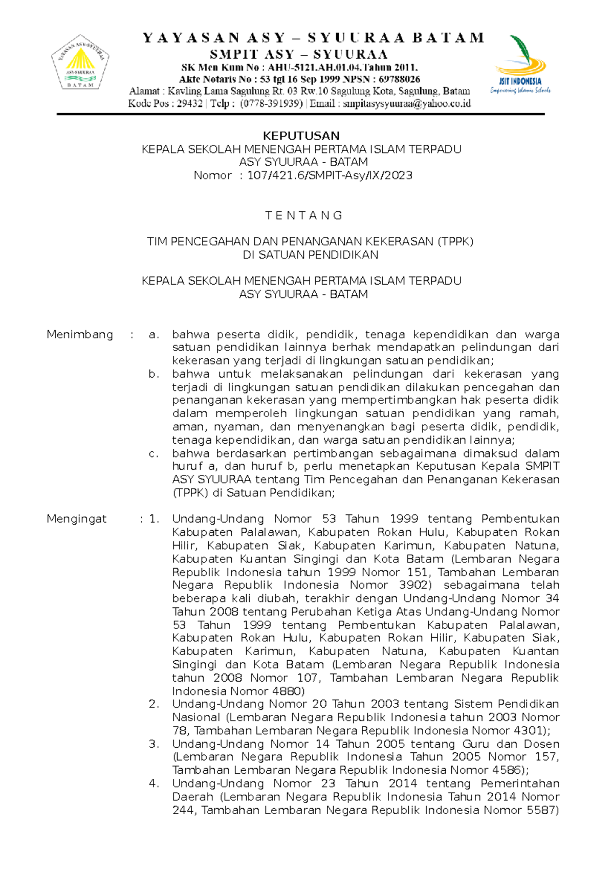 SK TPPK Smpit ASY Syuuraa - KEPUTUSAN KEPALA SEKOLAH MENENGAH PERTAMA ...