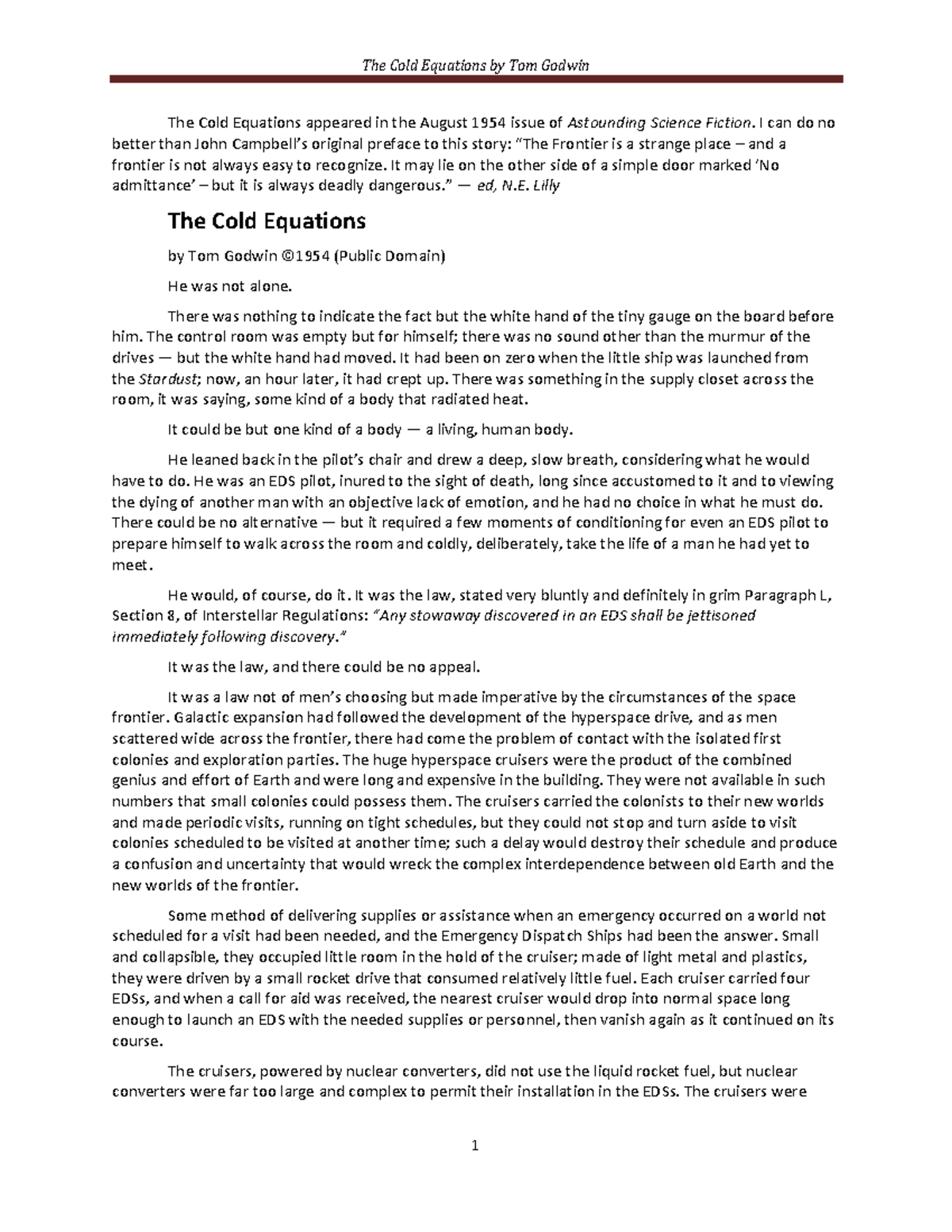 The Cold Equations - g ffg - The Cold Equations appeared in the August ...