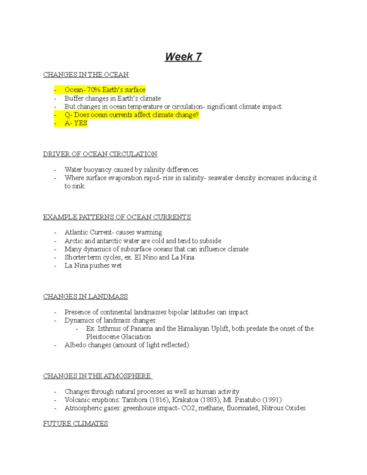 Week 7- Changes in the ocean, driver of ocean circulation, example ...
