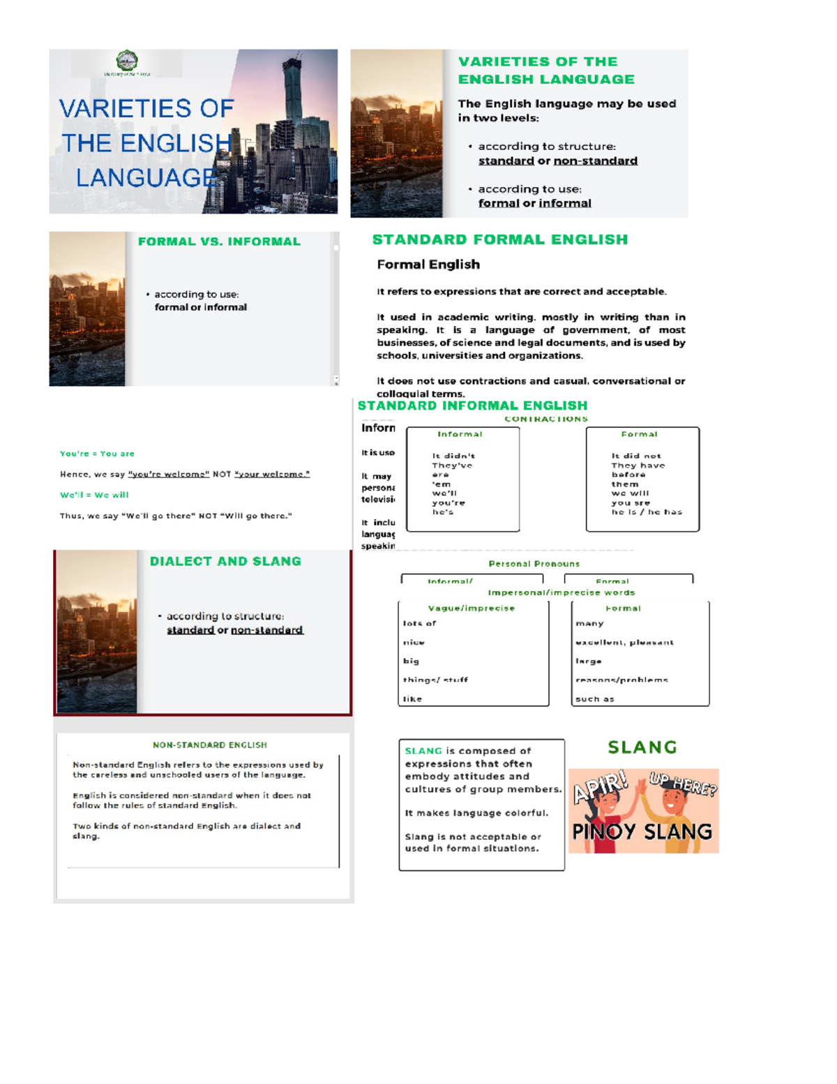 Pcom reviewer midterms - VARIETIES OF THE University the Visayas ENGLISH LANGUAGE VARIETIES OF ...