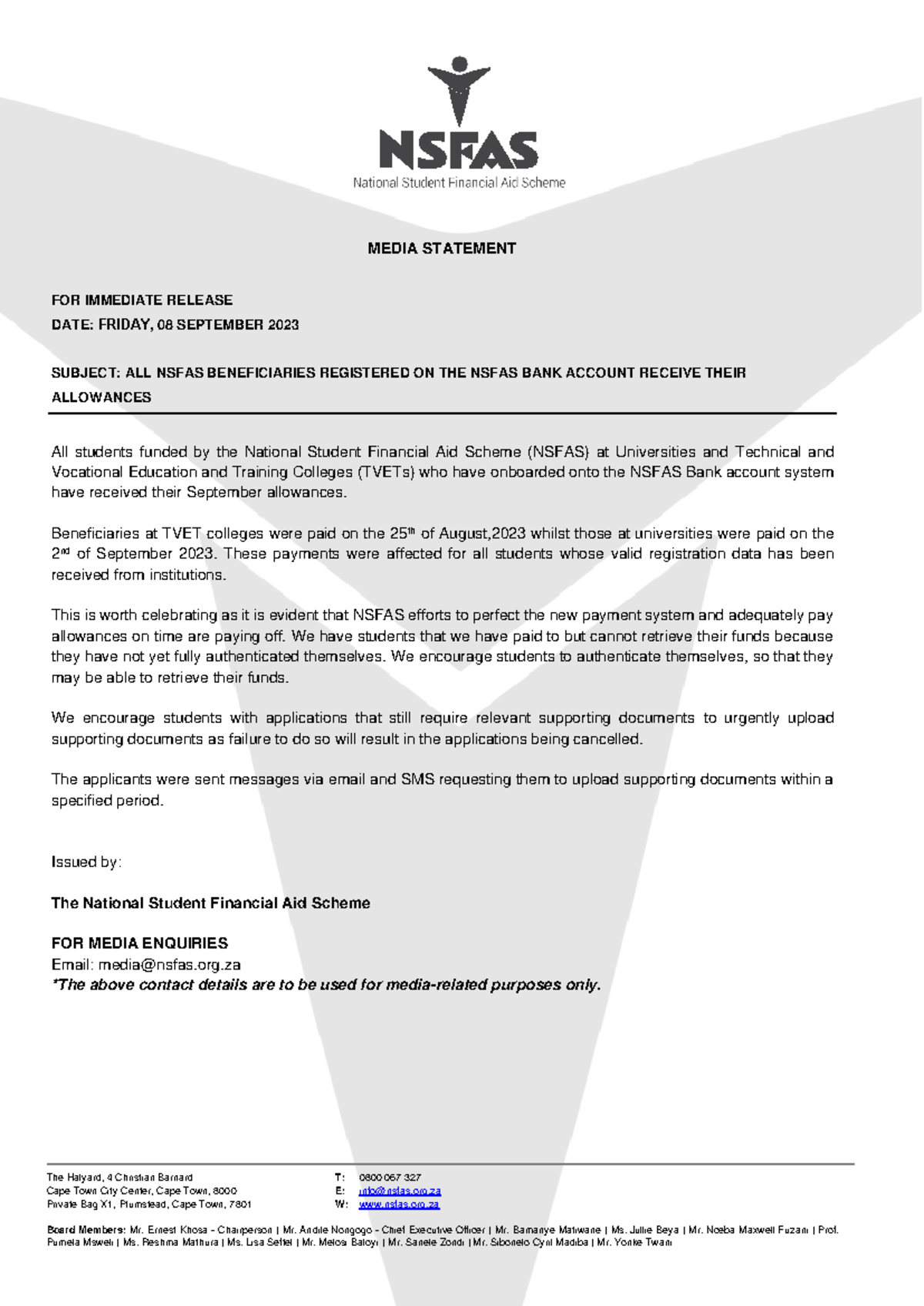 Media Statement ALL Nsfas Beneficiaries Registered ON THE Nsfas BANK ...