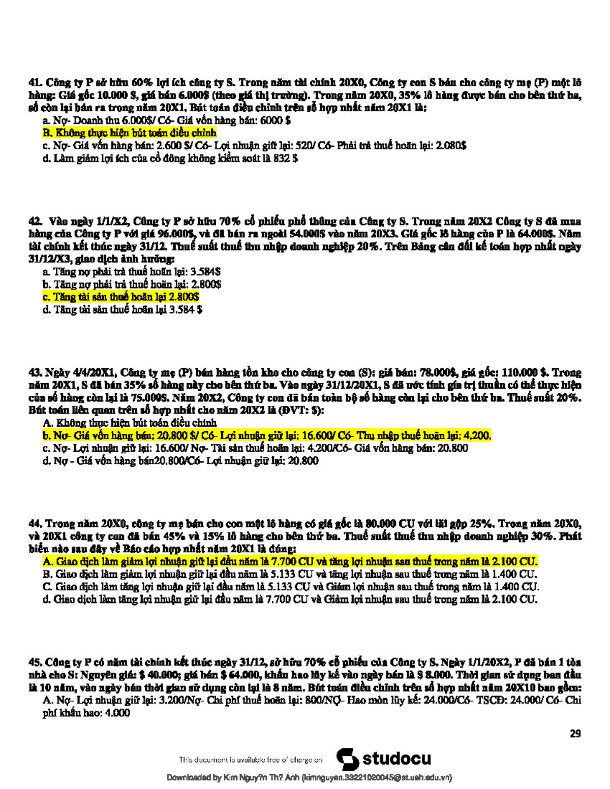 TRAC Nghiem LMS - 41. Công ty P so hiru loi ích cong ty S. Trong nam tài chinh 20X0, Công ty con ...