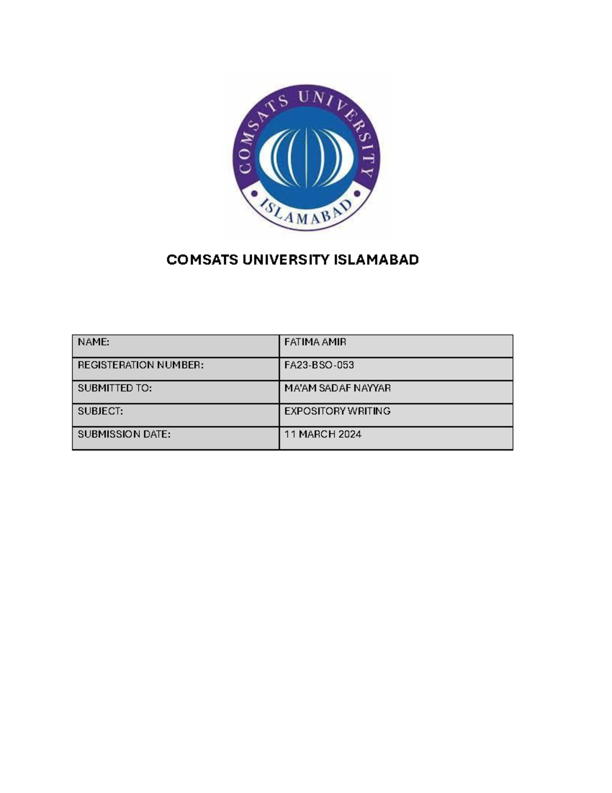 FA23-BSO-053 Assignment 1 - Report Writing Skills - COMSATS UNIVERSITY ...