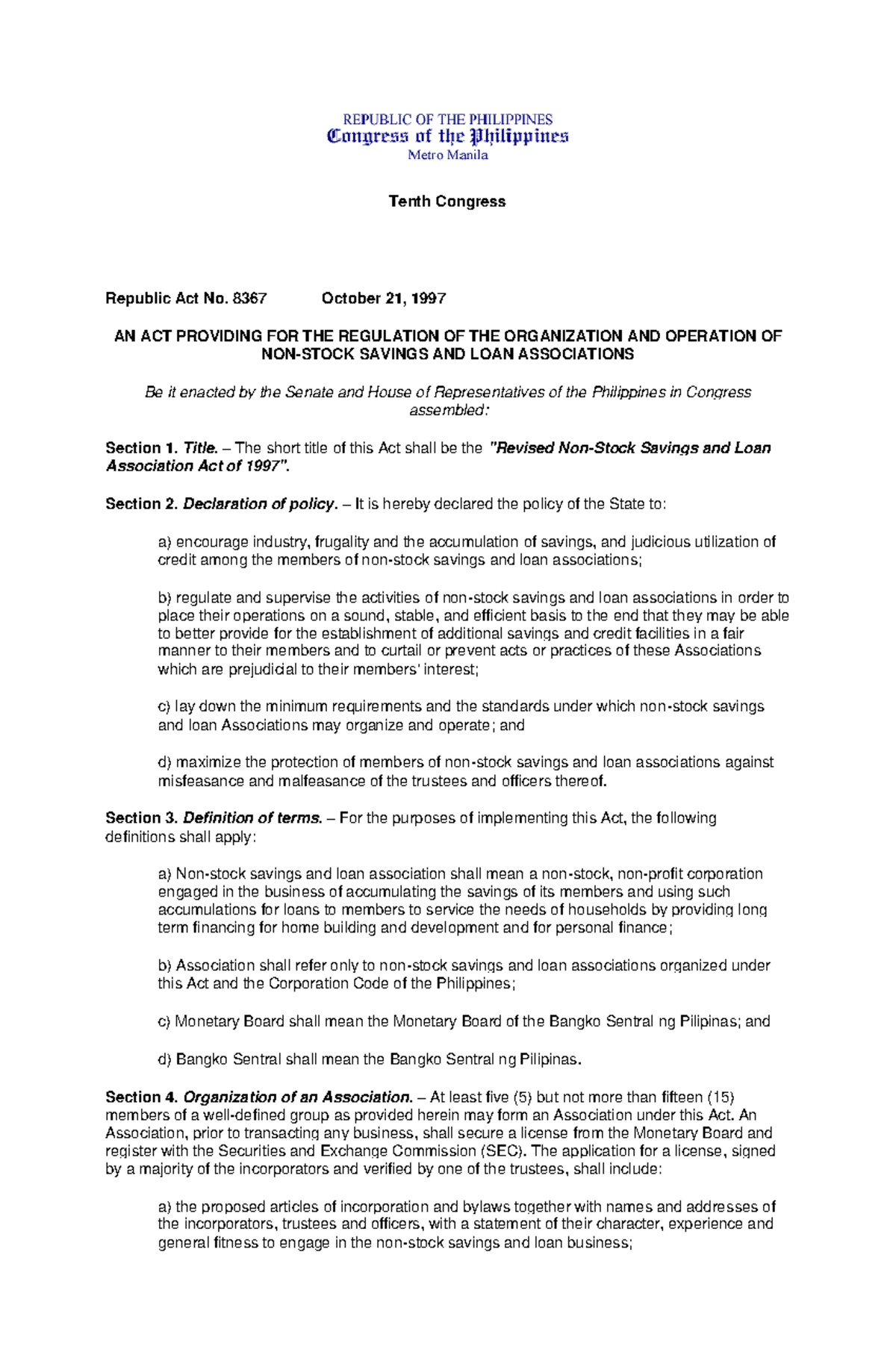5 - DONE - Tenth Congress Republic Act No. 8367 October 21, 1997 AN ACT ...