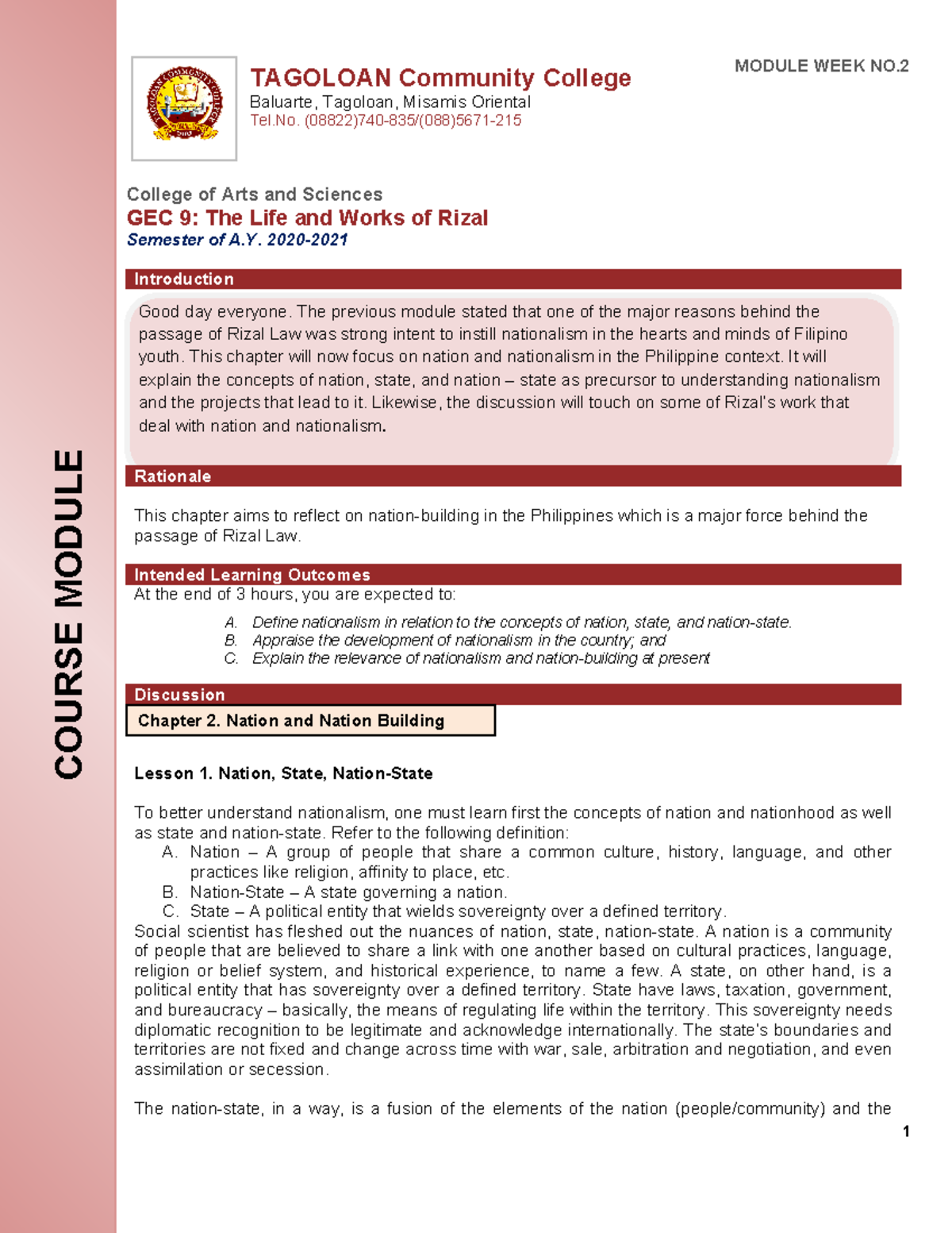 PDF document - Hope it will help - COURSE MODULE College of Arts and Sciences GEC 9: The Life ...
