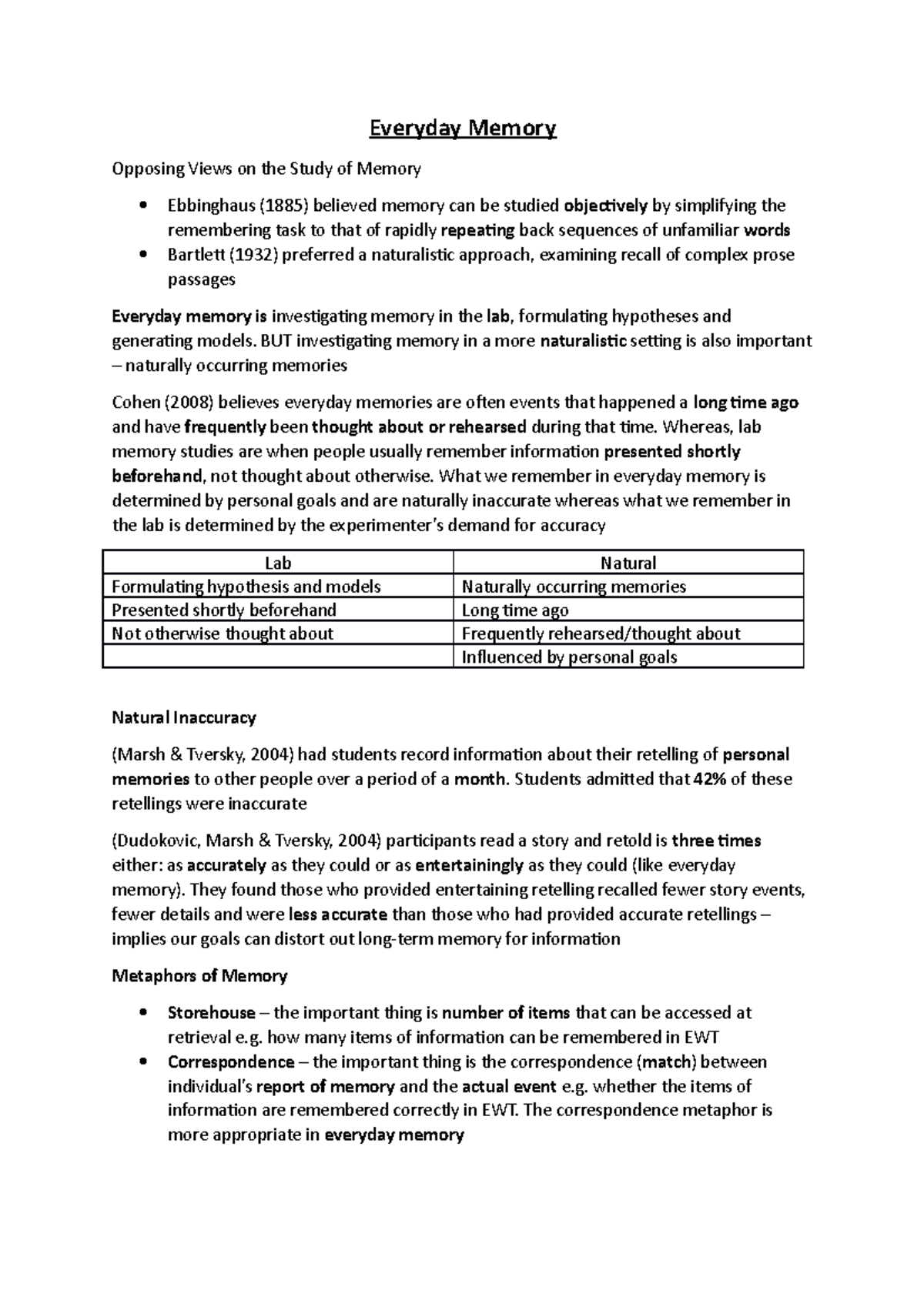 Everyday Memory - Everyday Memory Opposing Views on the Study of Memory ...